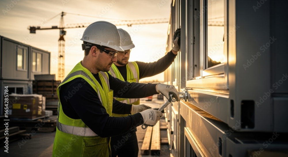 Workers aligning connecting joints during the installation of an FBO ...