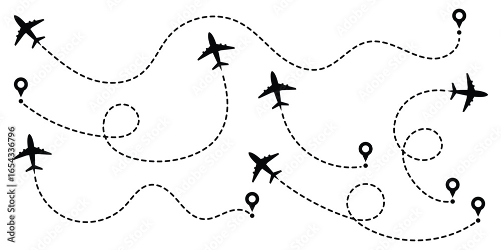 Stock-Vektorgrafik „Airplane routes flight path vector with location ...