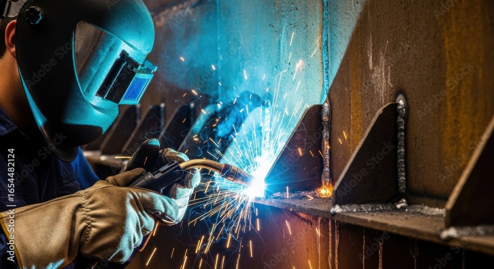 Welder man in protective helmet and gloves performing mig welding on ...