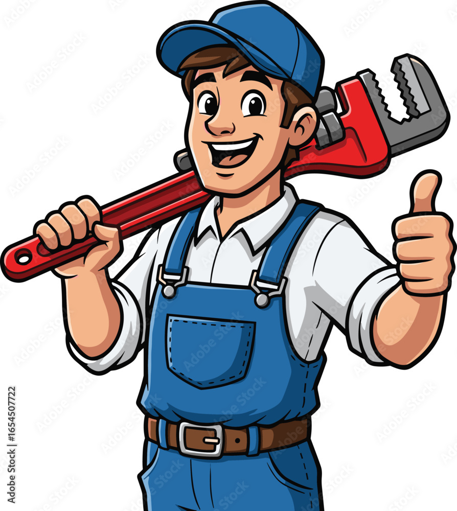 Cartoon plumber character with wrench, thumbs up pose, blue uniform ...