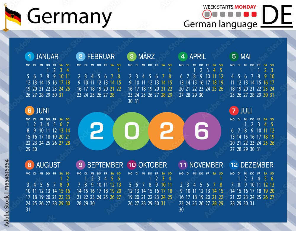 German horizontal Pocket calendars for 2026. Week starts Monday Stock ...