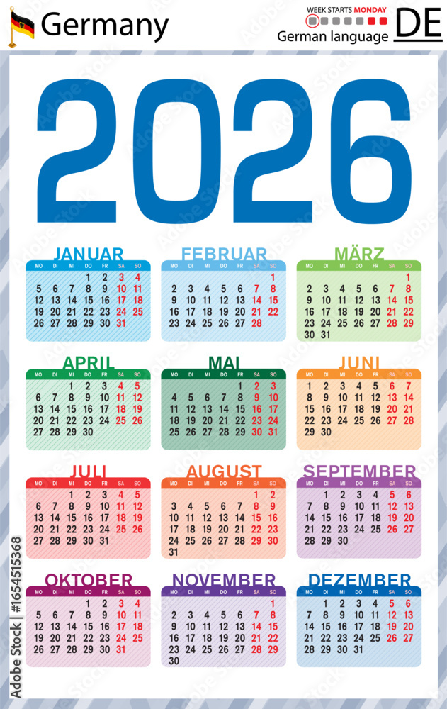 German vertical Pocket calendars for 2026. Week starts Monday Stock ...