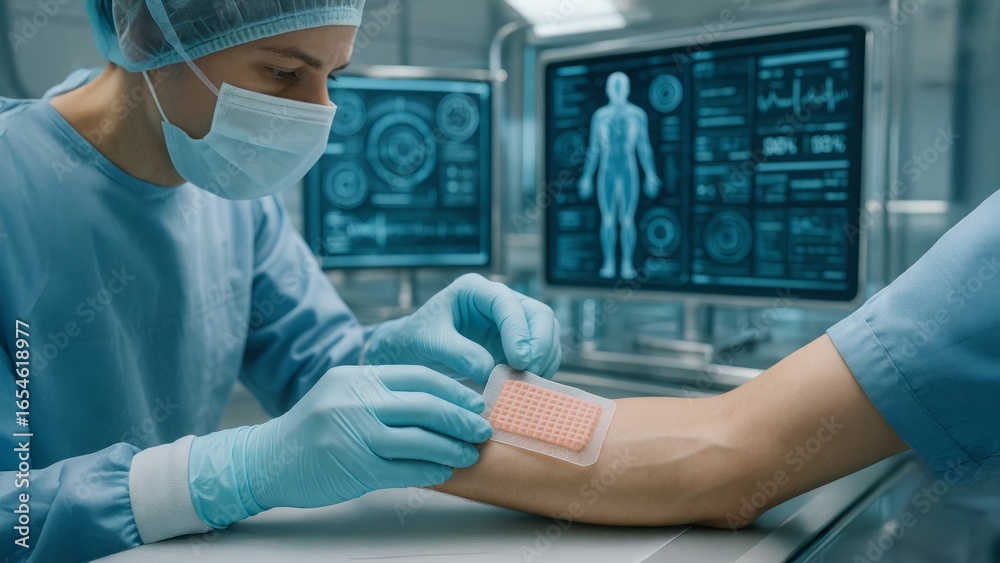 Young male medic applying smart wound patch to patient’s forearm in ...