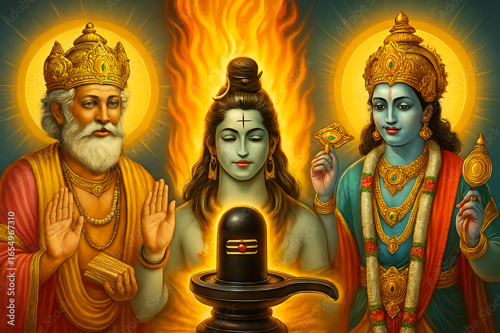 Divine Hindu trinity worshipping Shiva Lingam in radiant golden temple ...