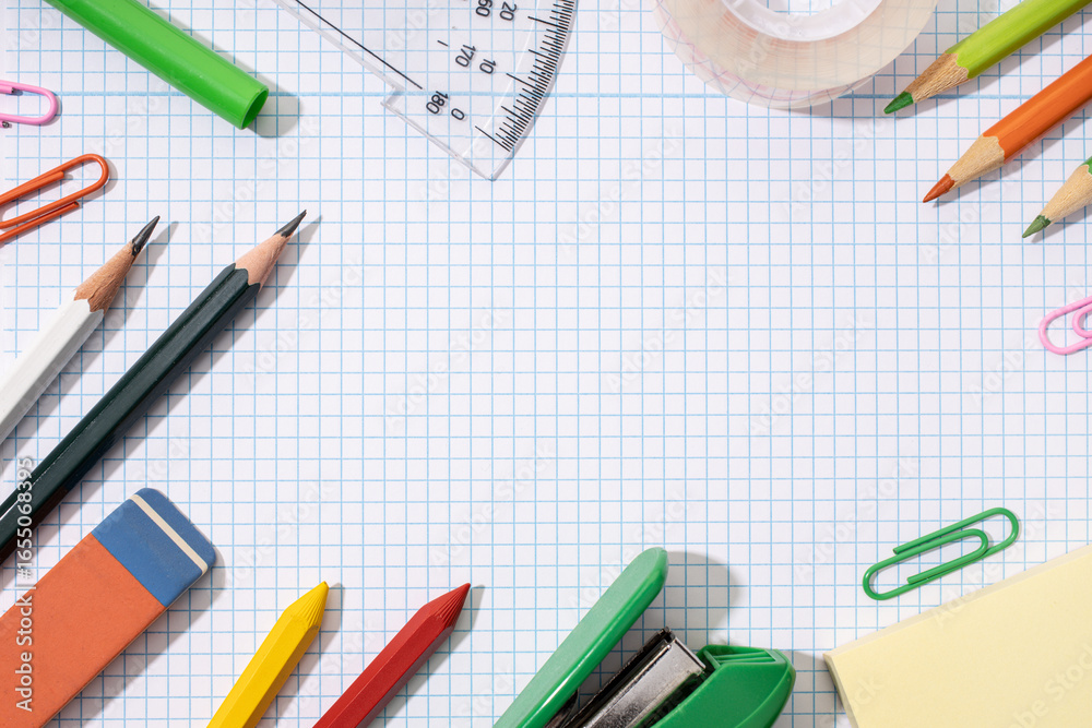 Frame of School and office supplies on blank graph paper sheet. Back to ...