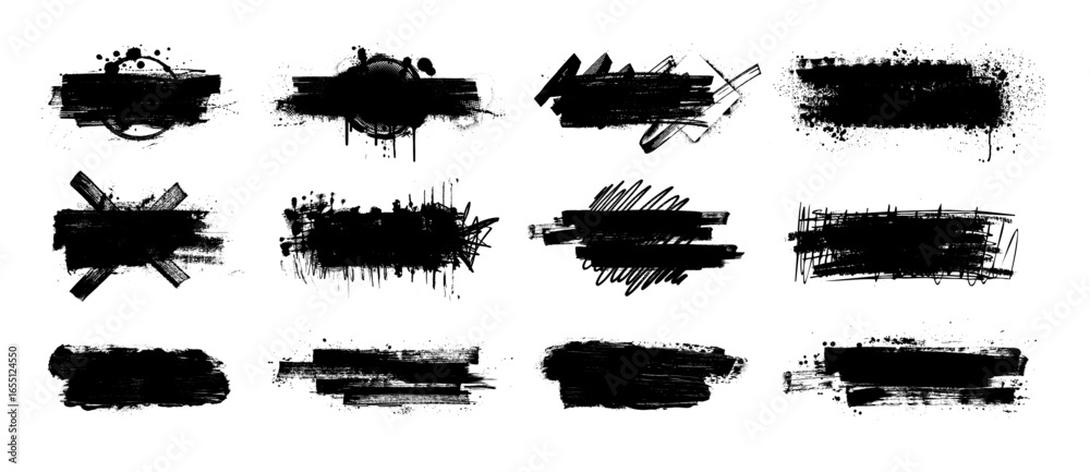 Bold black brush strokes with splatters, scribble texture, spray paint ...