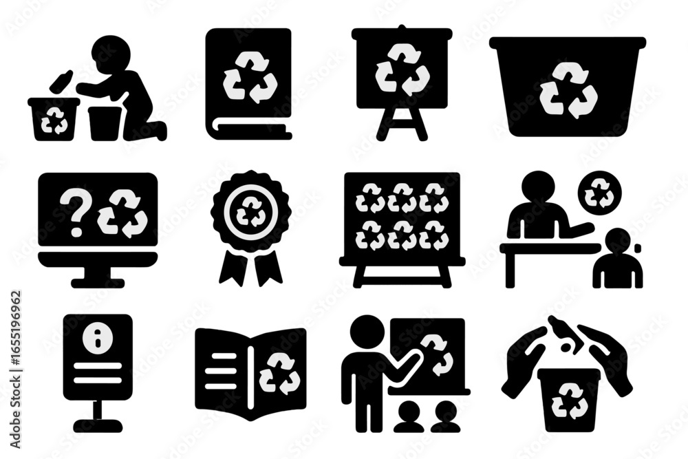 Recycling Education Icons. Solid style icons of recycling education ...