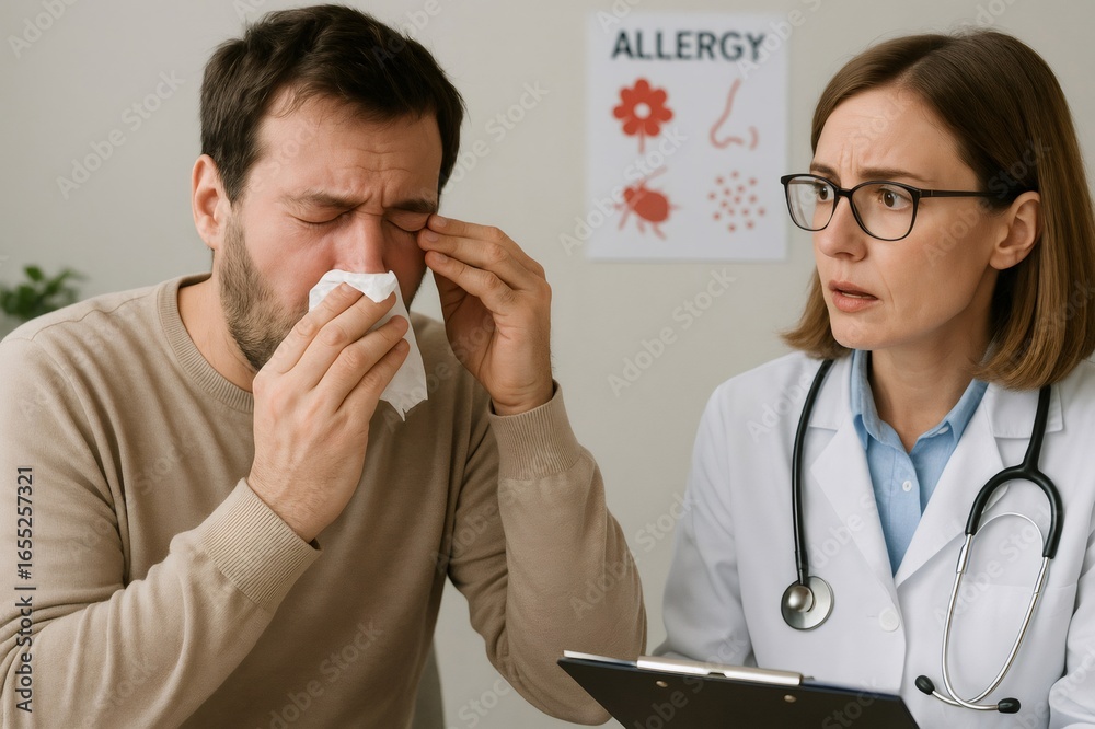 Doctor examining a patient with allergy symptoms, providing medical ...