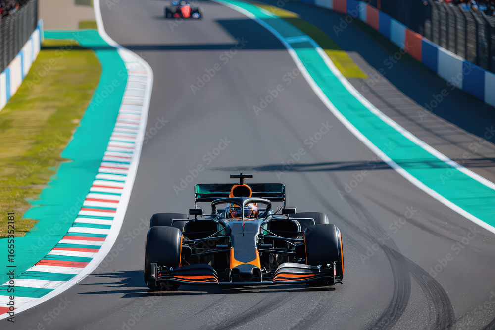 Formula 1 car races around curved track during intense motorsport ...