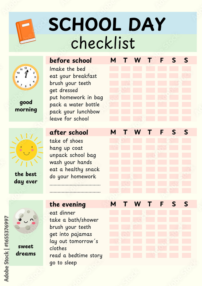 Ilustración de Stock Daily school day checklist for kids and parents ...