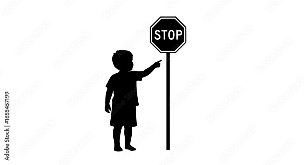 child silhouette pointing at stop sign safety caution and obedience ...