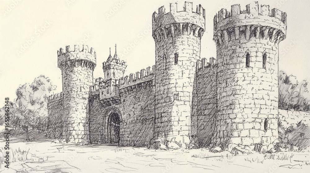 Hand-Drawn Architectural Sketch of Medieval Castle with Stone Walls ...