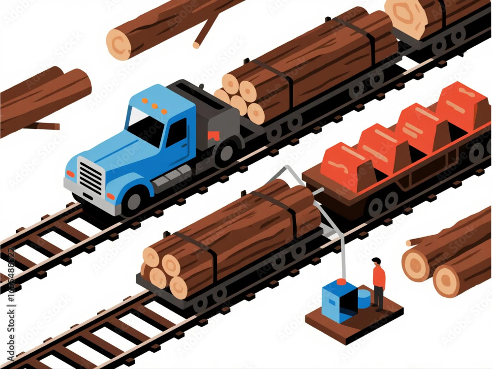 Vector illustration of log transportation using trucks and rail, clean ...
