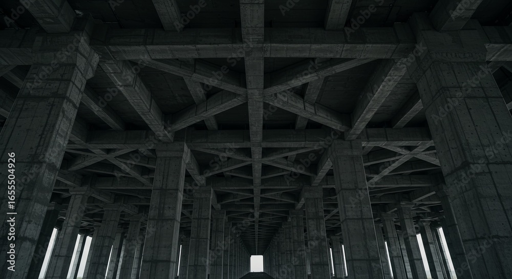 Intricate concrete support structure beneath a bridge, showcasing a ...