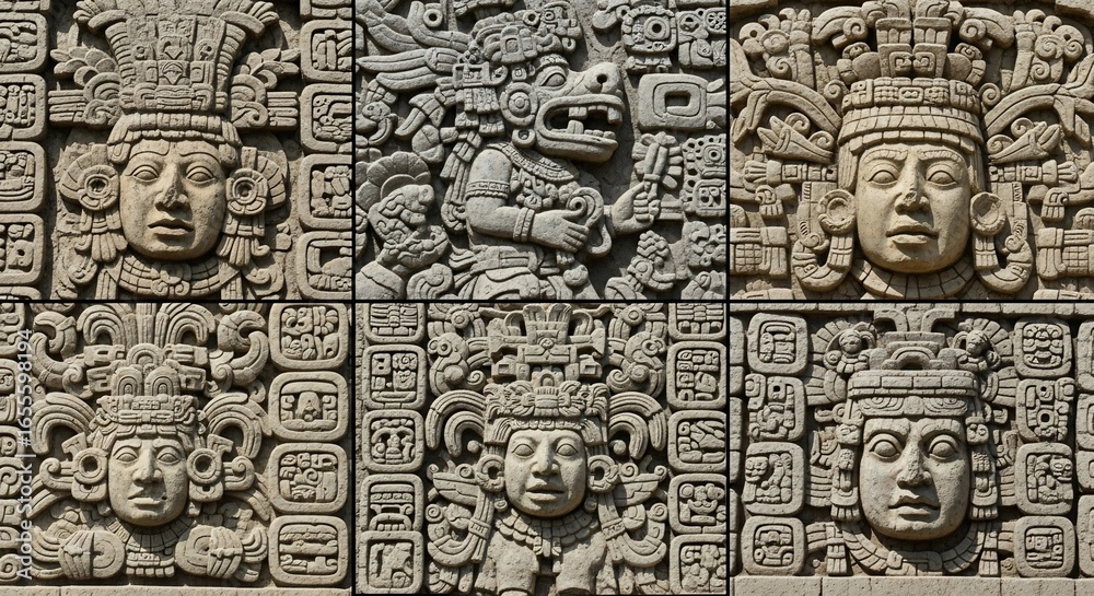 Ancient Mayan carvings depicting faces, glyphs, and mythical creatures ...