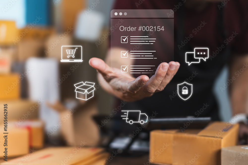 Online store owner managing secure e-commerce order checklist with ...