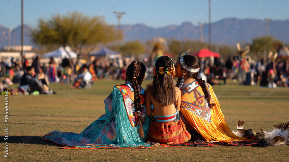 Beautiful Native American Pow Wow Celebration with Women in Traditional ...