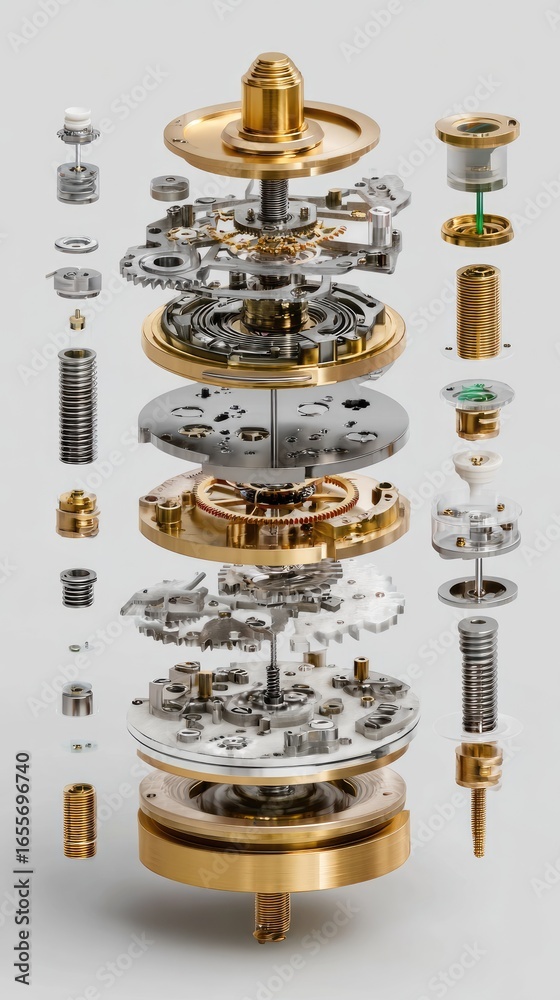 Detailed exploded view of a complex mechanical watch movement Stock ...