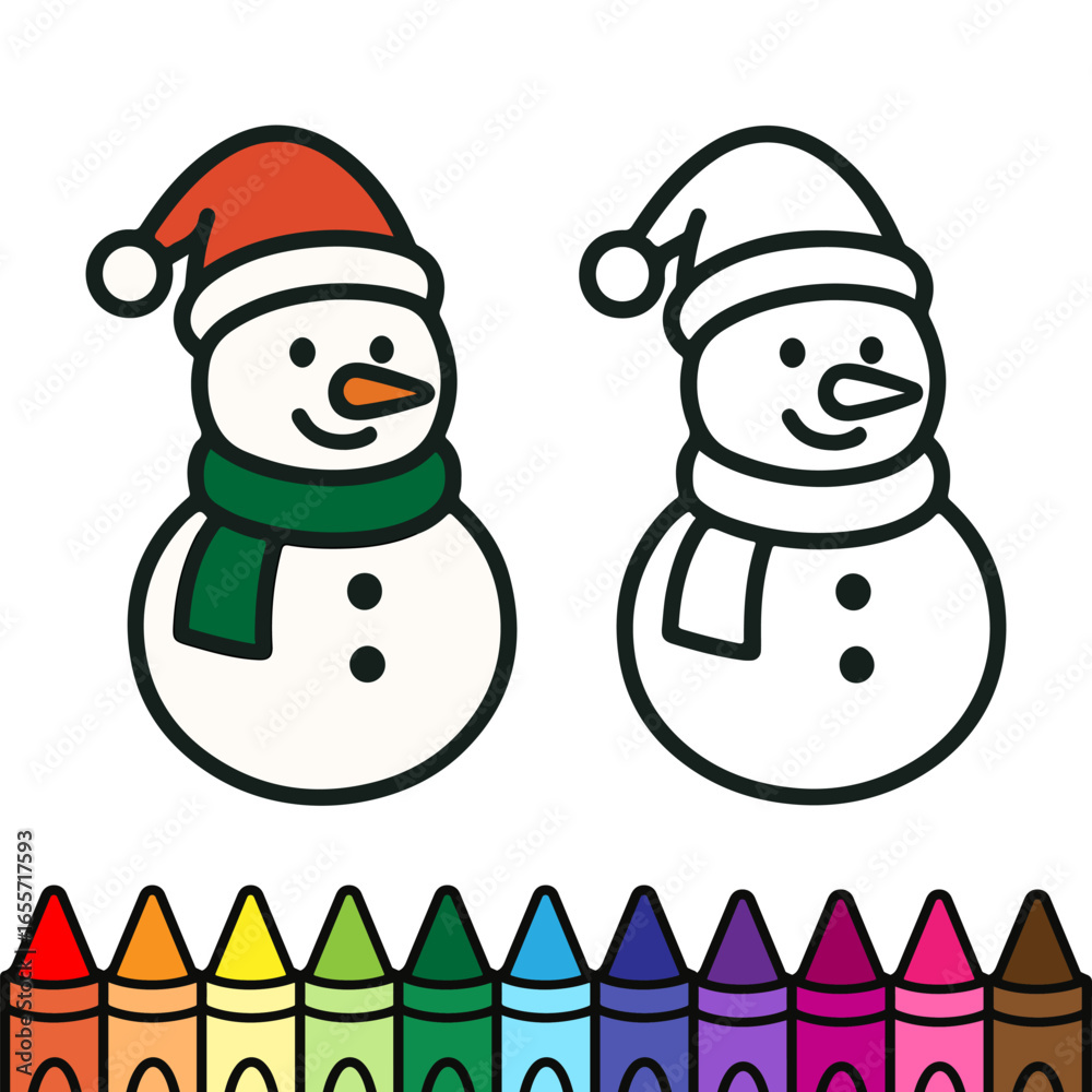 Cheerful snowman coloring page with Santa hat, scarf, and buttons ...