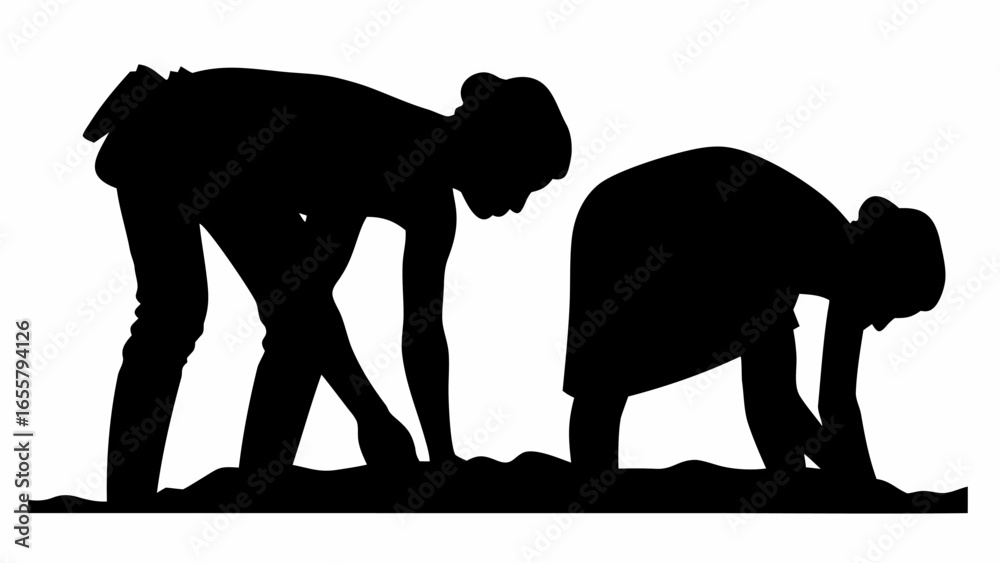 Silhouette of two people bending over touching the ground in a black ...