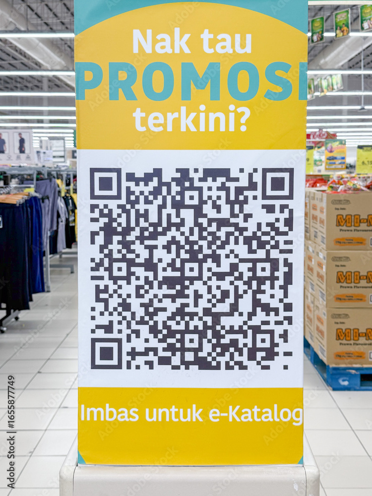 Promotion information displayed on a sign in a grocery shop with a QR ...