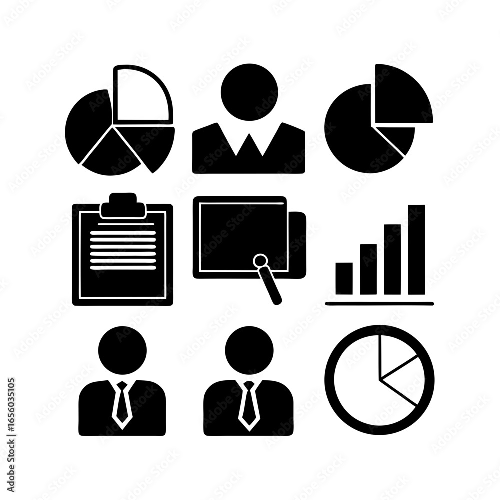 Various business and statistics icons including charts graphs and ...
