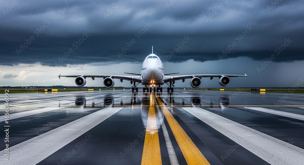 Boeing 747 Jumbo Jet on Runway with Dark Stormy Sky Preparing for ...