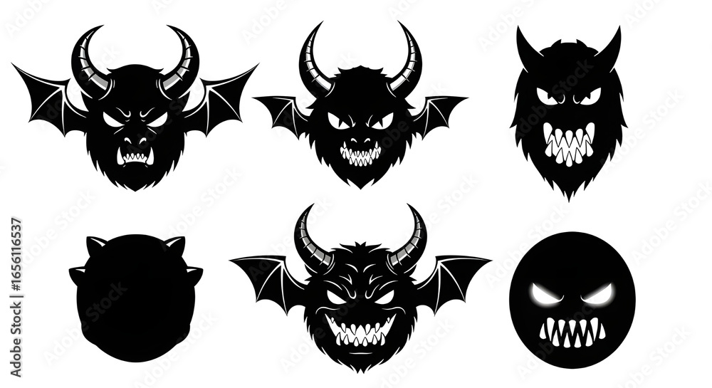 Cartoon Devil Character Icons in Black and White | Vector Illustrations ...