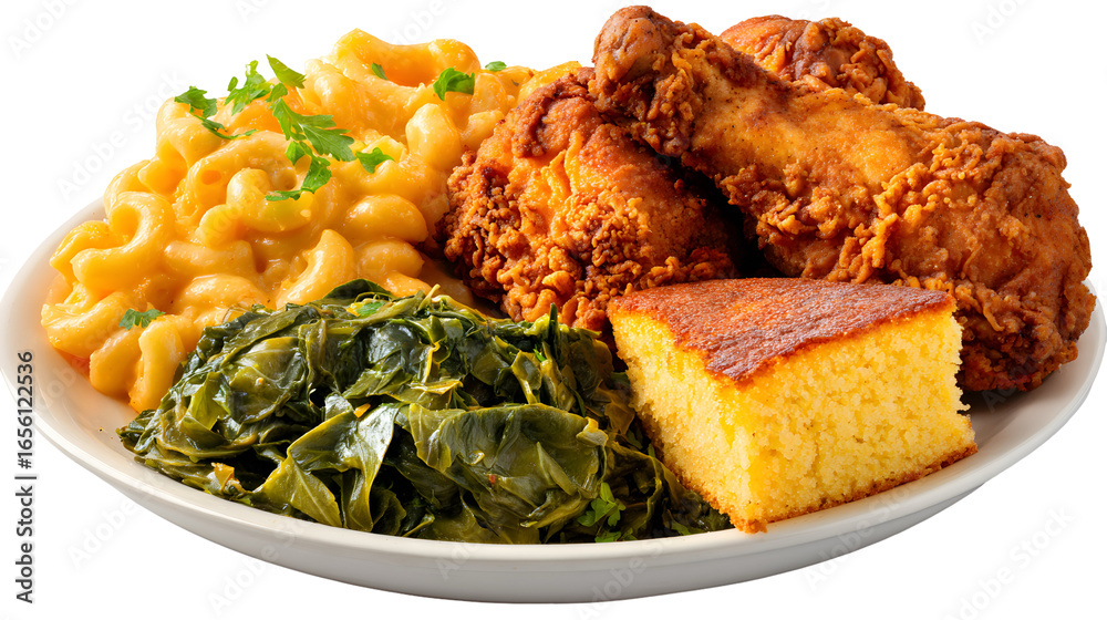 A classic soul food platter with fried chicken, mac & cheese, collard ...