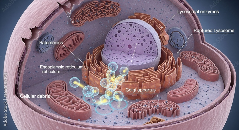 Detailed 3D rendering of a eukaryotic animal cell cross-section showing ...
