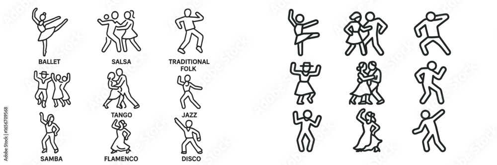 Various dance styles illustrated with figures demonstrating movements ...