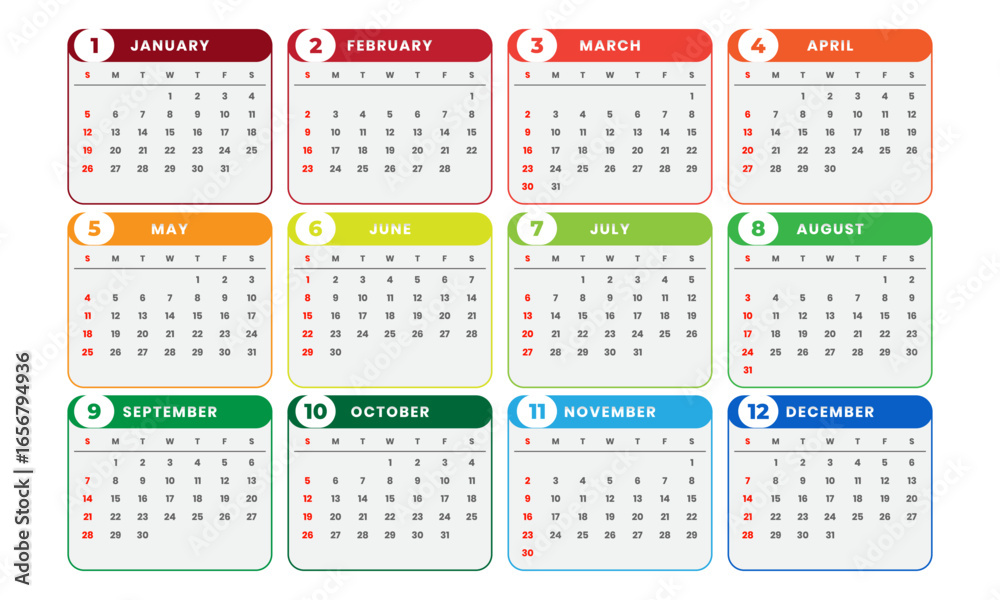 Monthly calendar layout for 2026 year. Diary planner for 2026 year ...