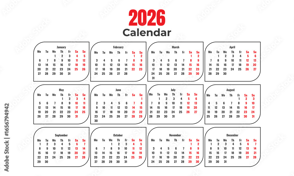 Vector de Stock Monthly calendar layout for 2026 year. Diary planner for 2026 year. Week Starts ...