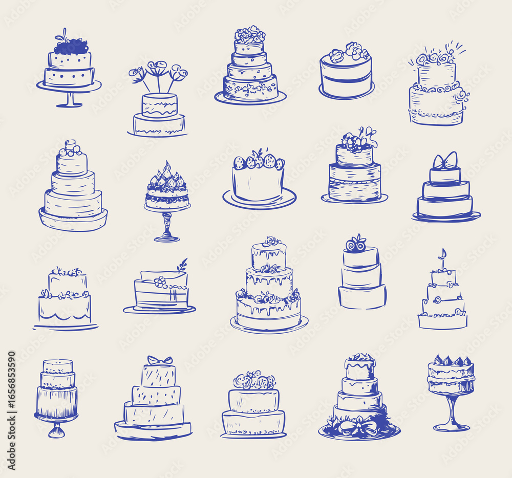 Hand drawn cozy food illustrations. Whimiscal style illustrations. Cake ...