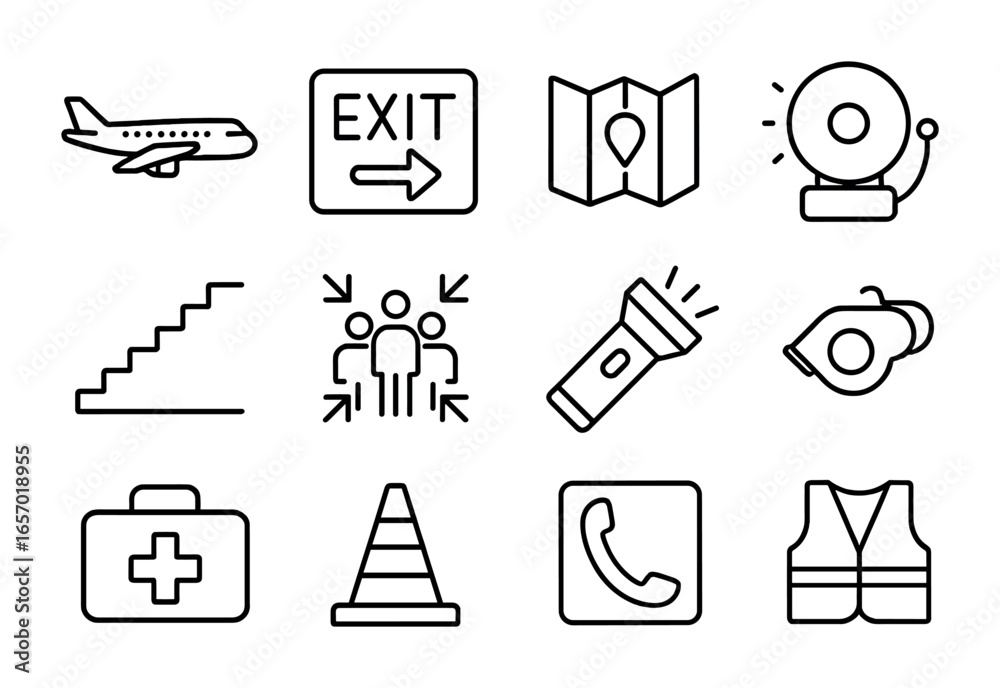 Airport Evacuation Icons. Outline icon set of airport evacuation ...