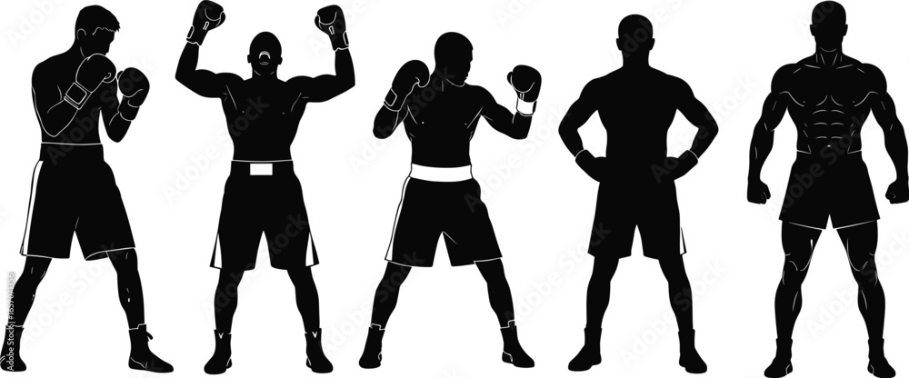 Boxer silhouettes set with various fighting stances and victory poses ...