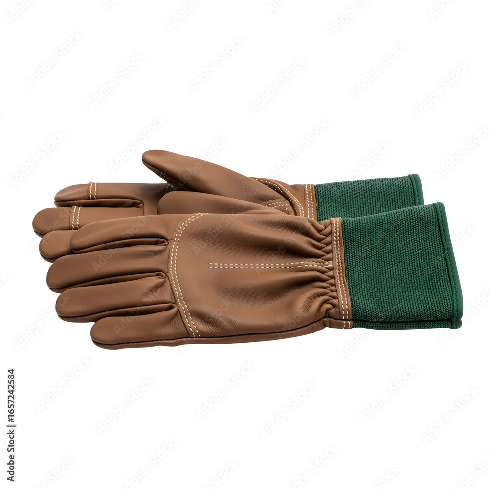 Two brown leather gloves with green cuffs are stacked on top of each ...