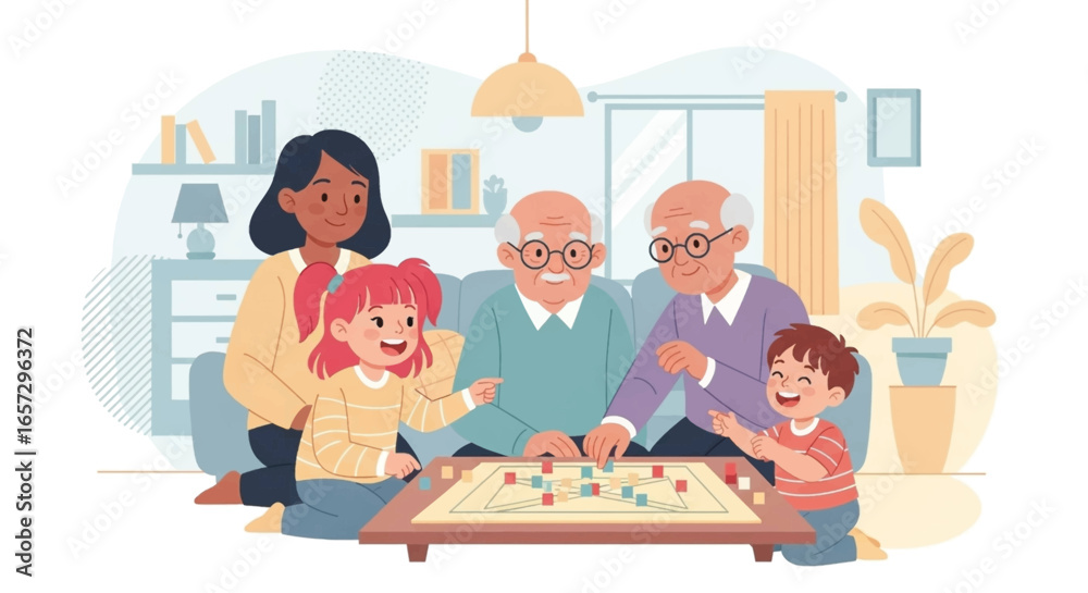 Happy multi-generational family enjoys a fun board game night at home ...