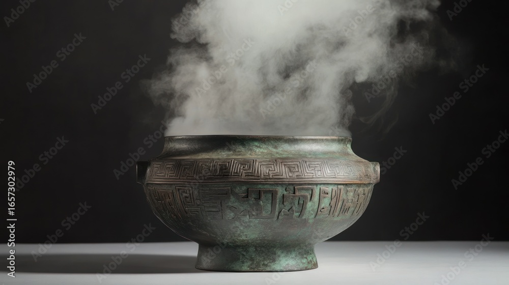 Ancient Chinese bronze ding (ritual vessel), patinated surface with ...