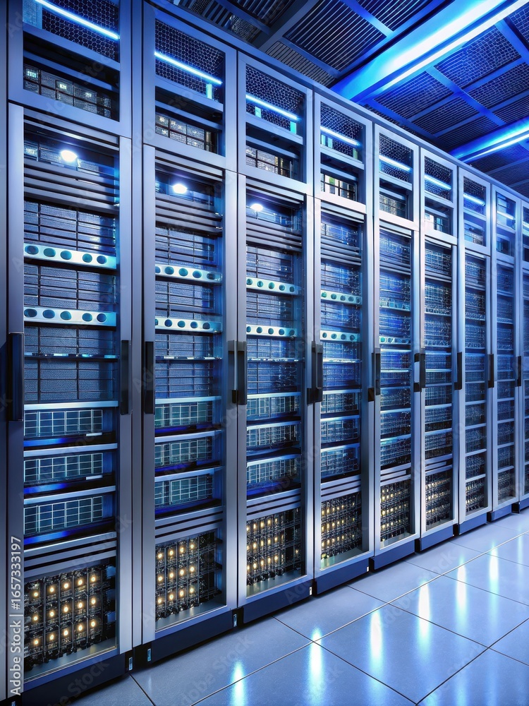 High-performance data center server rack with multiple rows of humming ...