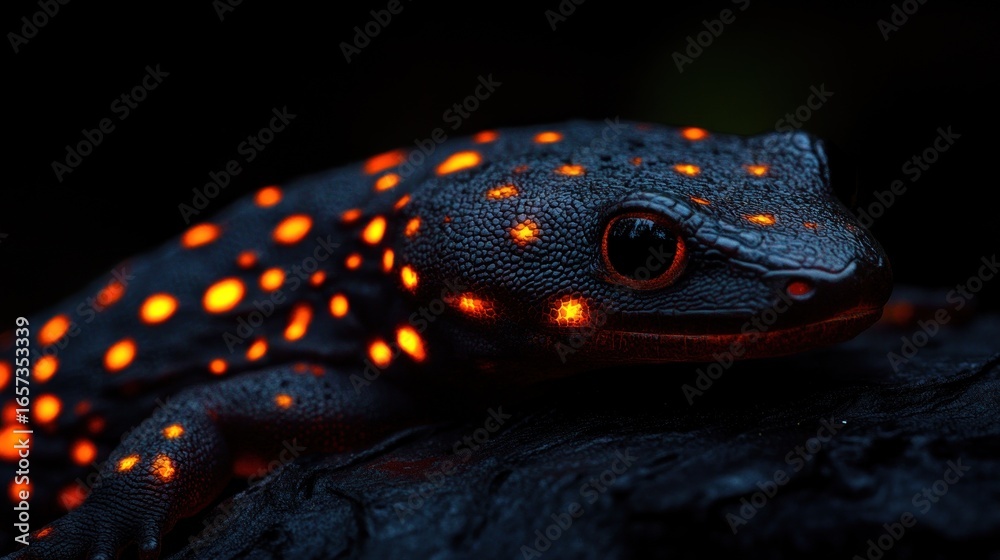Emperor Newt, its black skin contrasting with bright orange spots that ...