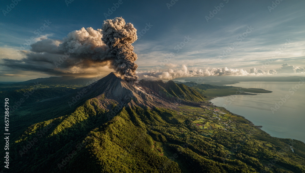 Powerful volcano eruption with smoke and ash rising above the mountain ...