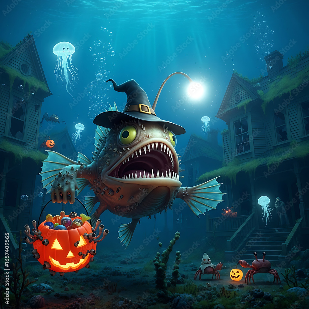 Scary Anglerfish in Witch Hat With Candy Bucket Haunts Submerged ...