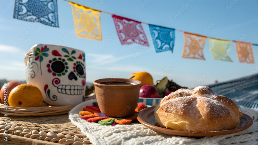 Fotografie Traditional Mexican breakfast table with sugar skull mug ...