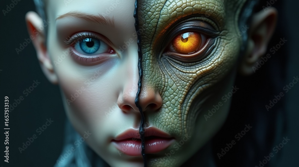 Half-human, half-reptilian hybrid face Stock Illustration | Adobe Stock