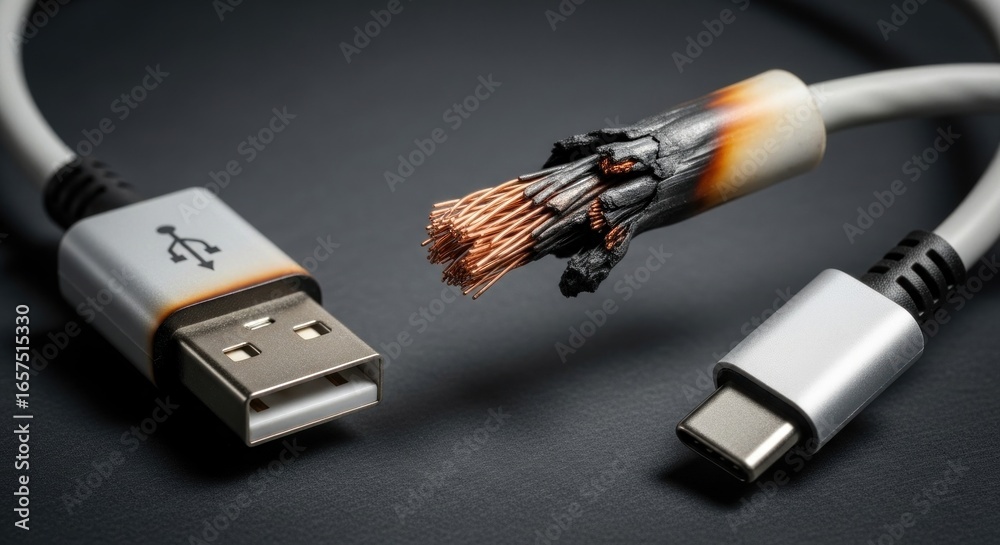 Hazardous Overload: A Severely Burnt USB Cable with Scorched Connectors ...