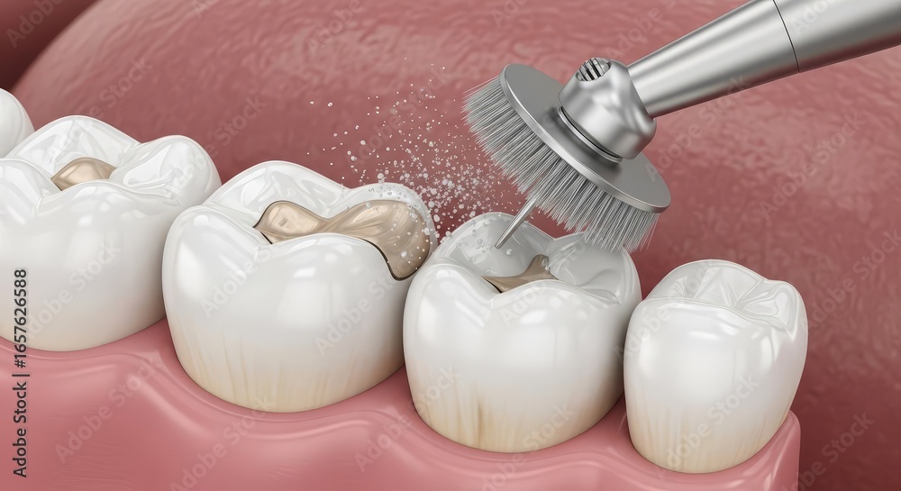 Dental cleaning procedure with rotary instrument removing plaque from ...