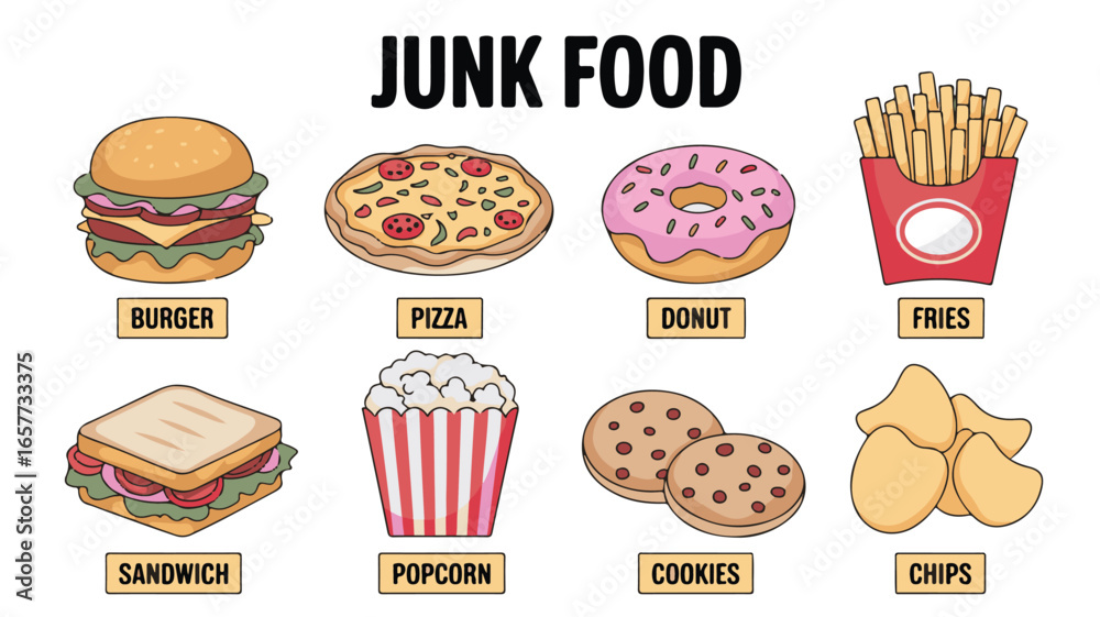 Collection of Popular Junk Food Items in a Grid Layout with Labels fast ...