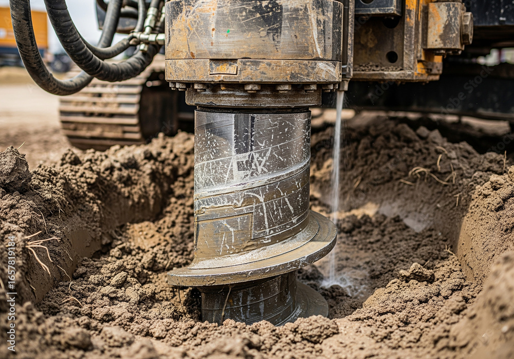 Drilling machine with large auger bit excavating dirt and rocks from ...