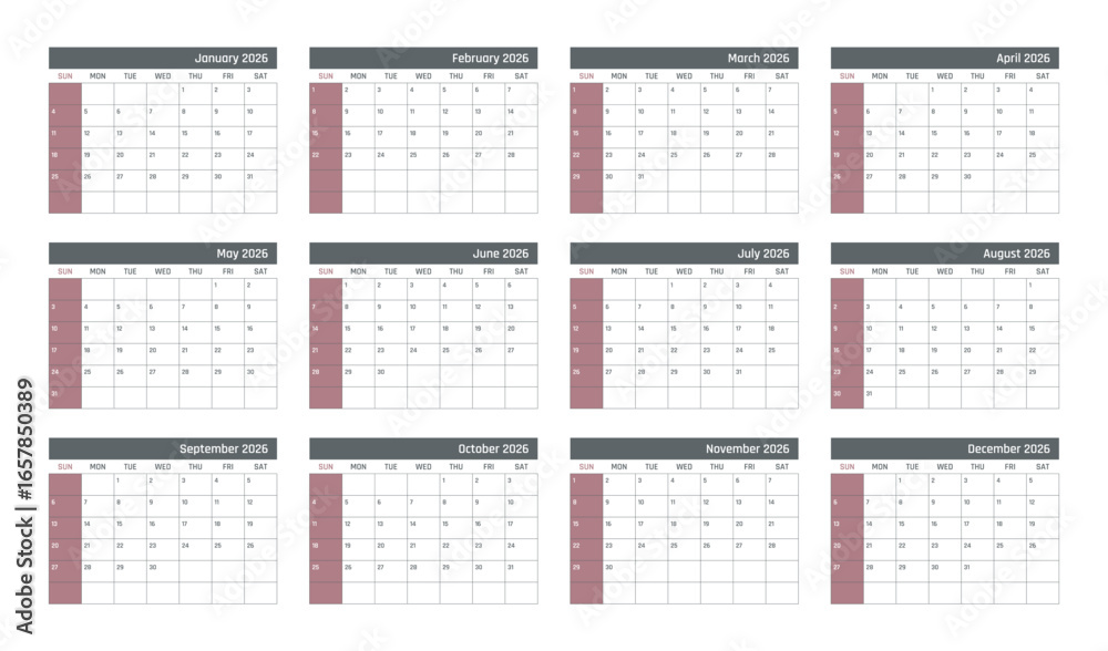 calendar for 2026 starts sunday, vector calendar design 2026 year Stock ...